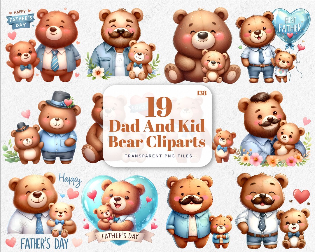 Happy Fathers Day Clipart Bundle, Watercolor Cute Bear Daddy and Me ...