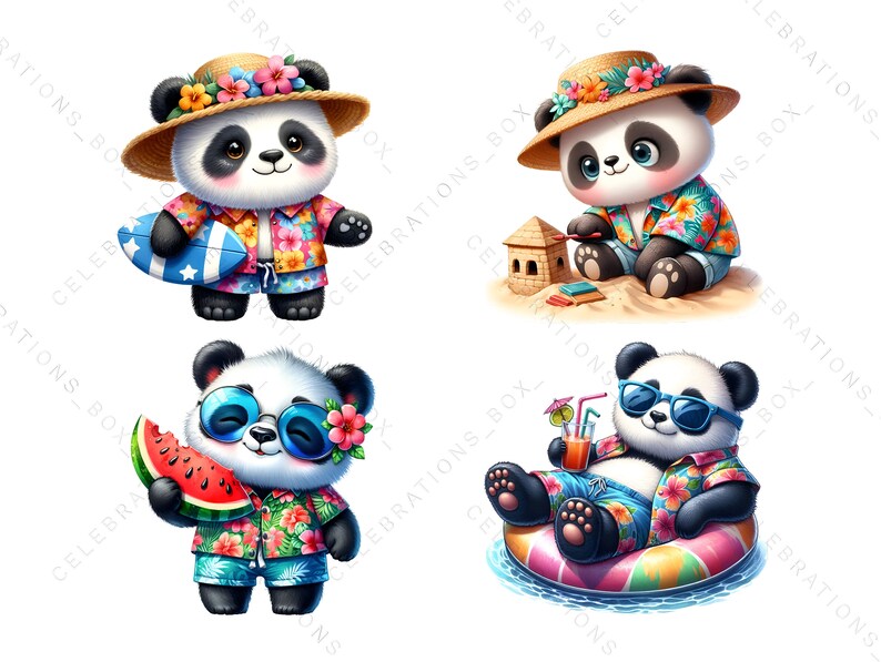 Watercolor Summer Animals Clipart, Panda Clipart, Summer Beach PNG ...
