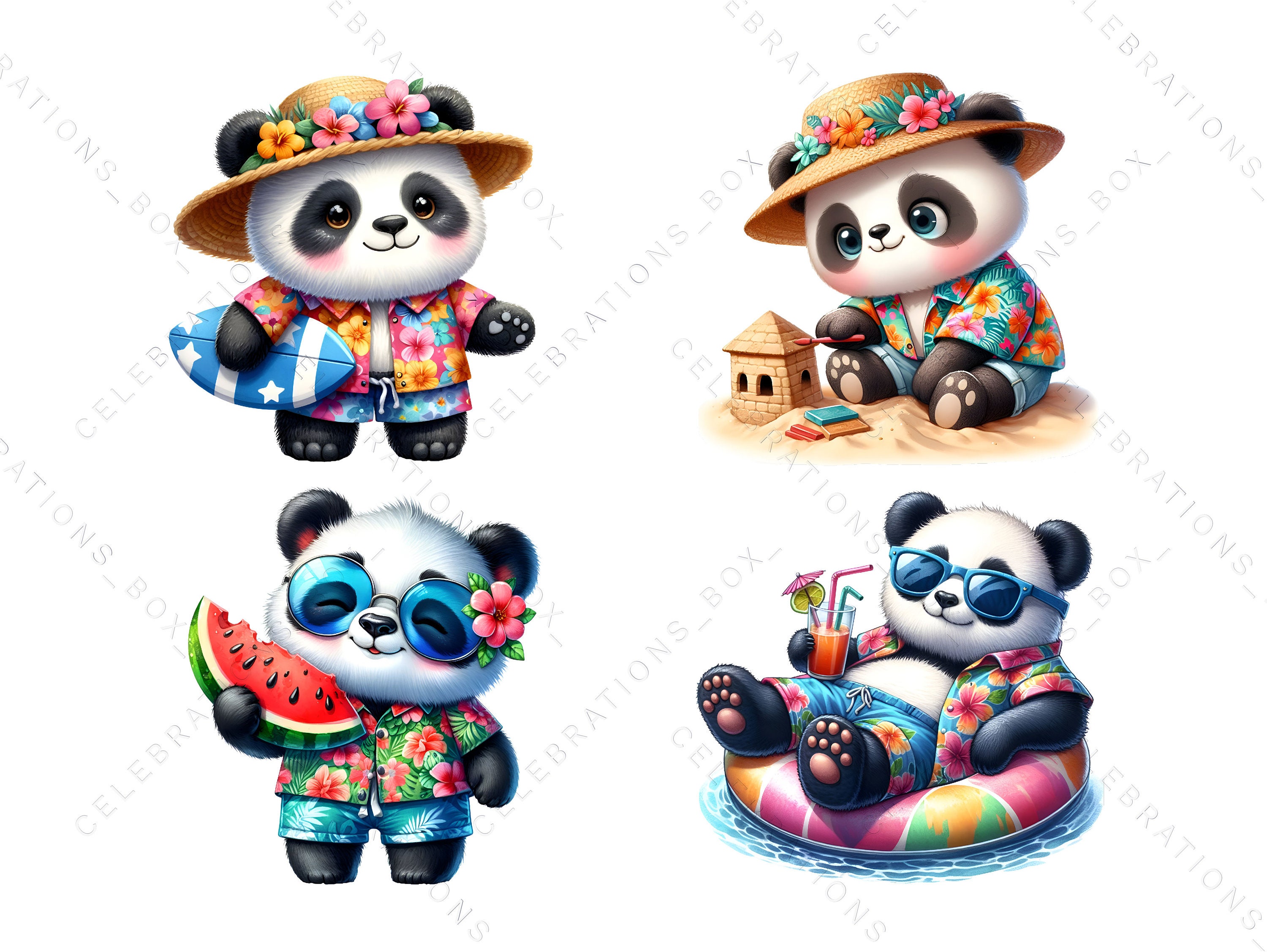 Watercolor Summer Animals Clipart, Panda Clipart, Summer Beach PNG ...