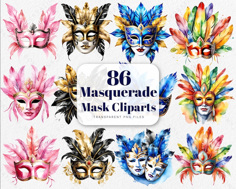 Carnival Collection of Venetian Masquerade Masks Watercolor Digital ...