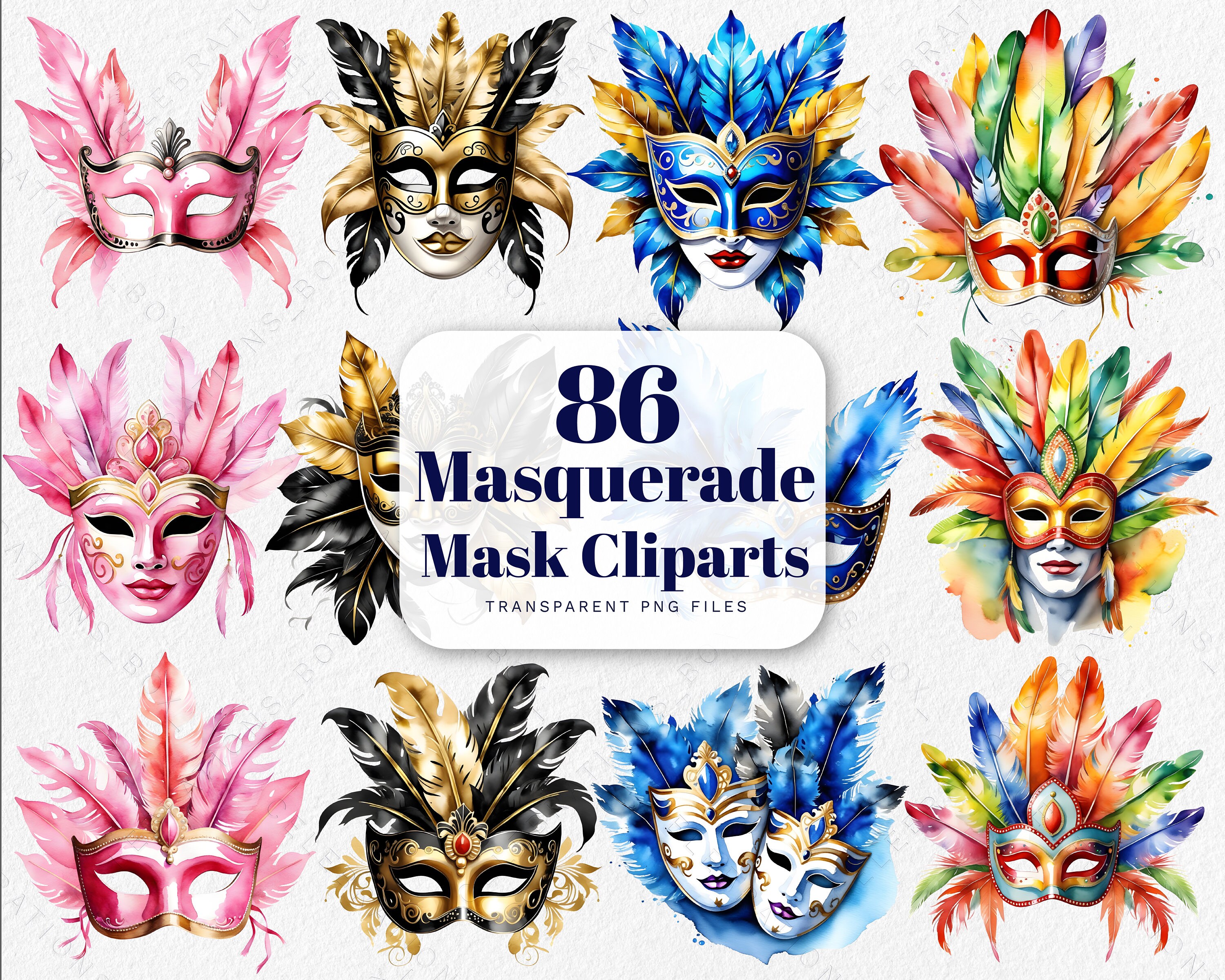 Carnival Collection of Venetian Masquerade Masks Watercolor Digital ...