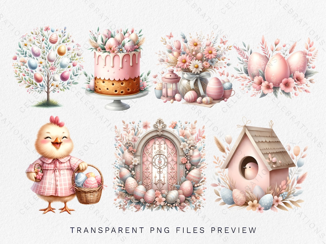 Pink Easter Clipart Bundle Easter Floral Bunny Chicken Basket Eggs ...