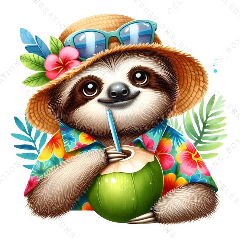 Summer Animals Clipart, Sloth Clipart, Summer Beach PNG, Ocean Graphics ...