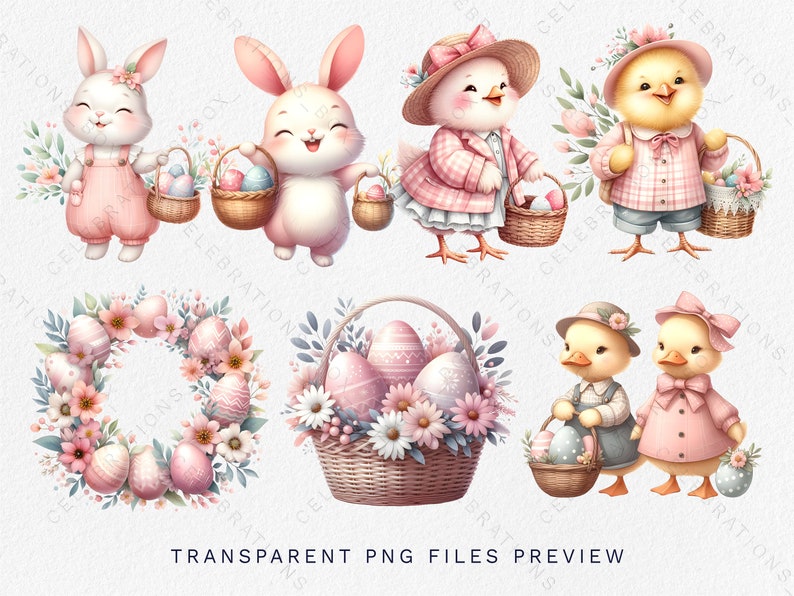 Pink Easter Clipart Bundle Easter Floral Bunny Chicken Basket Eggs ...