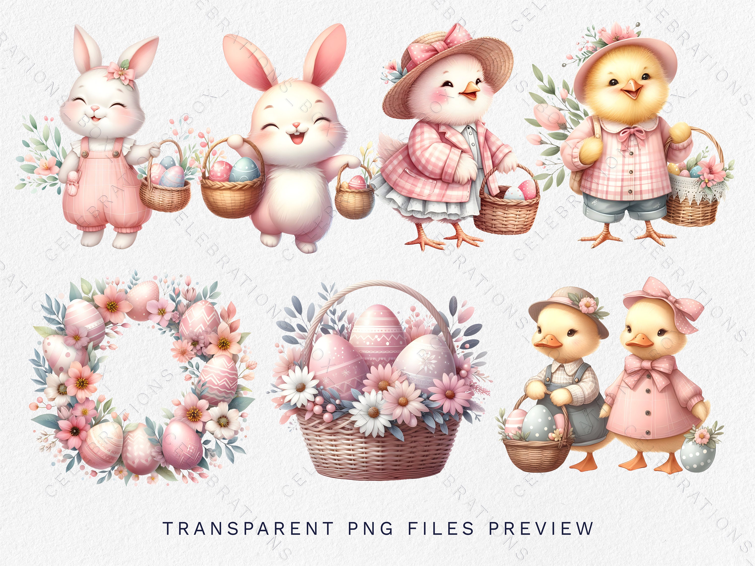 Pink Easter Clipart Bundle Easter Floral Bunny Chicken Basket Eggs ...