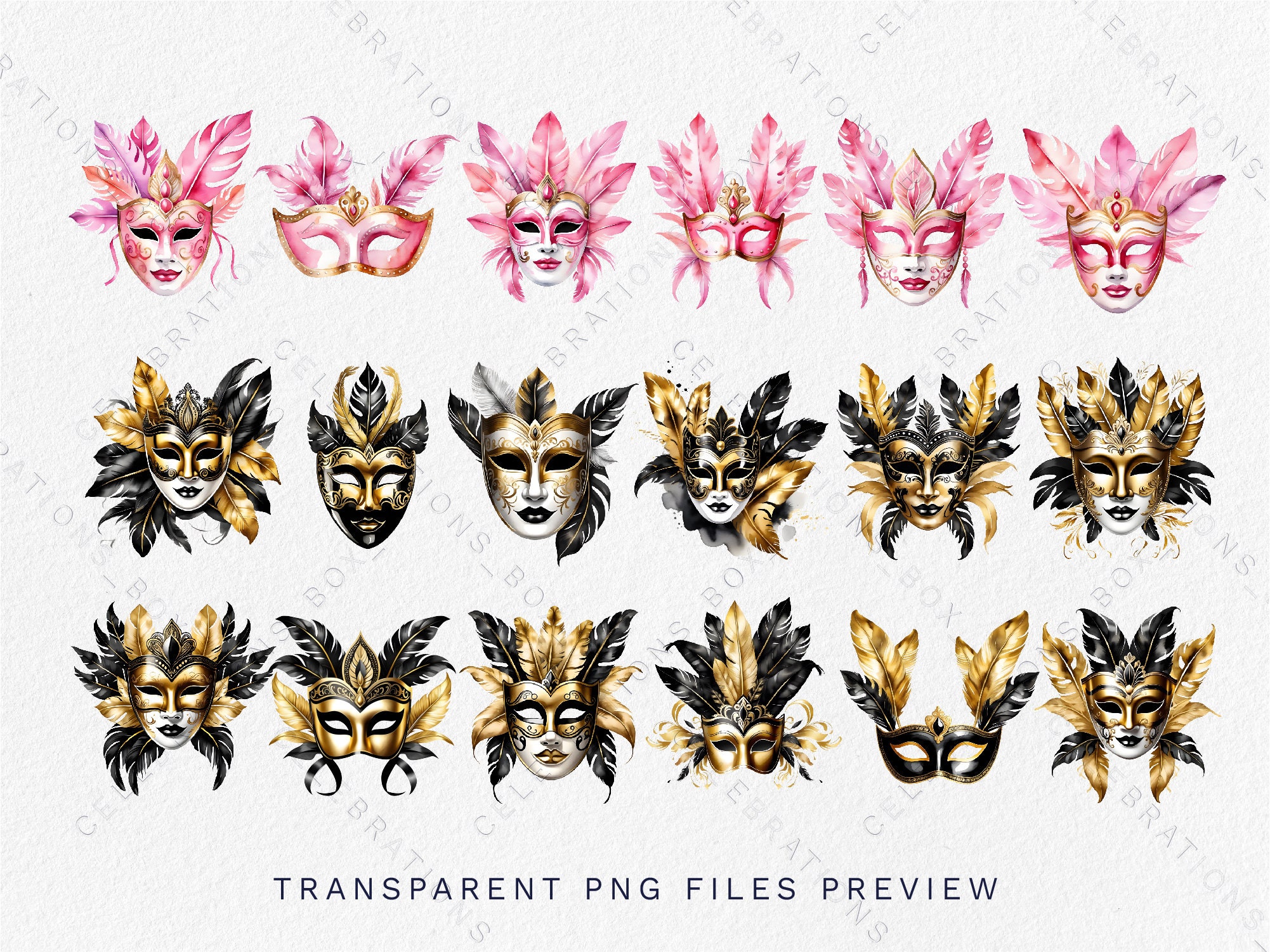 Carnival Collection of Venetian Masquerade Masks Watercolor Digital ...