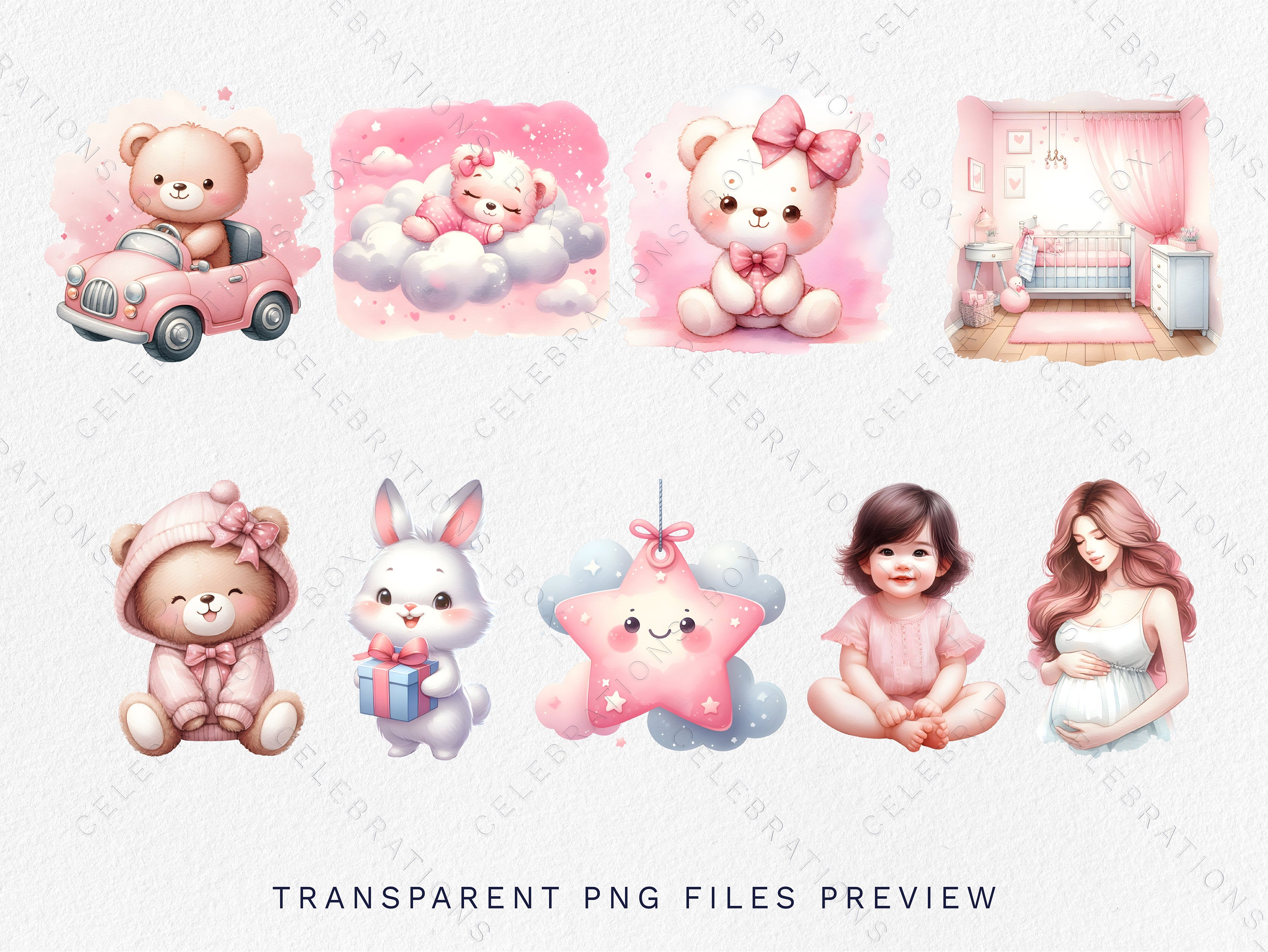 Pink Baby Shower Clipart Watercolor Newborn Gender Reveal Clipart ...