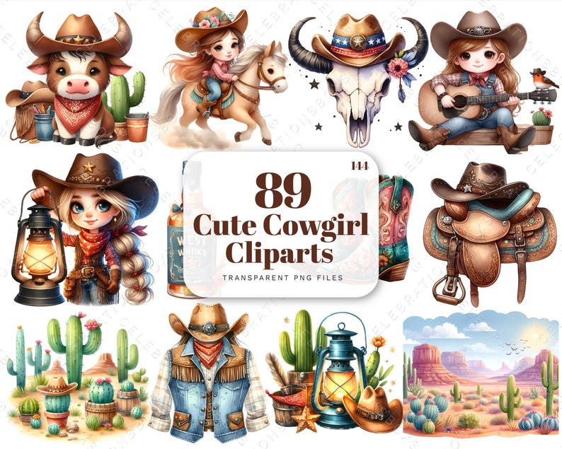 Cute Cowgirl Clipart, Wild West Clipart, Desert Clipart, Cactus Clipart ...