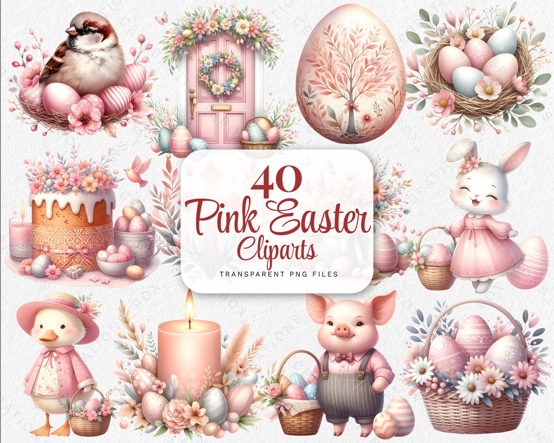 Pink Easter Clipart Bundle Easter Floral Bunny Chicken Basket Eggs ...