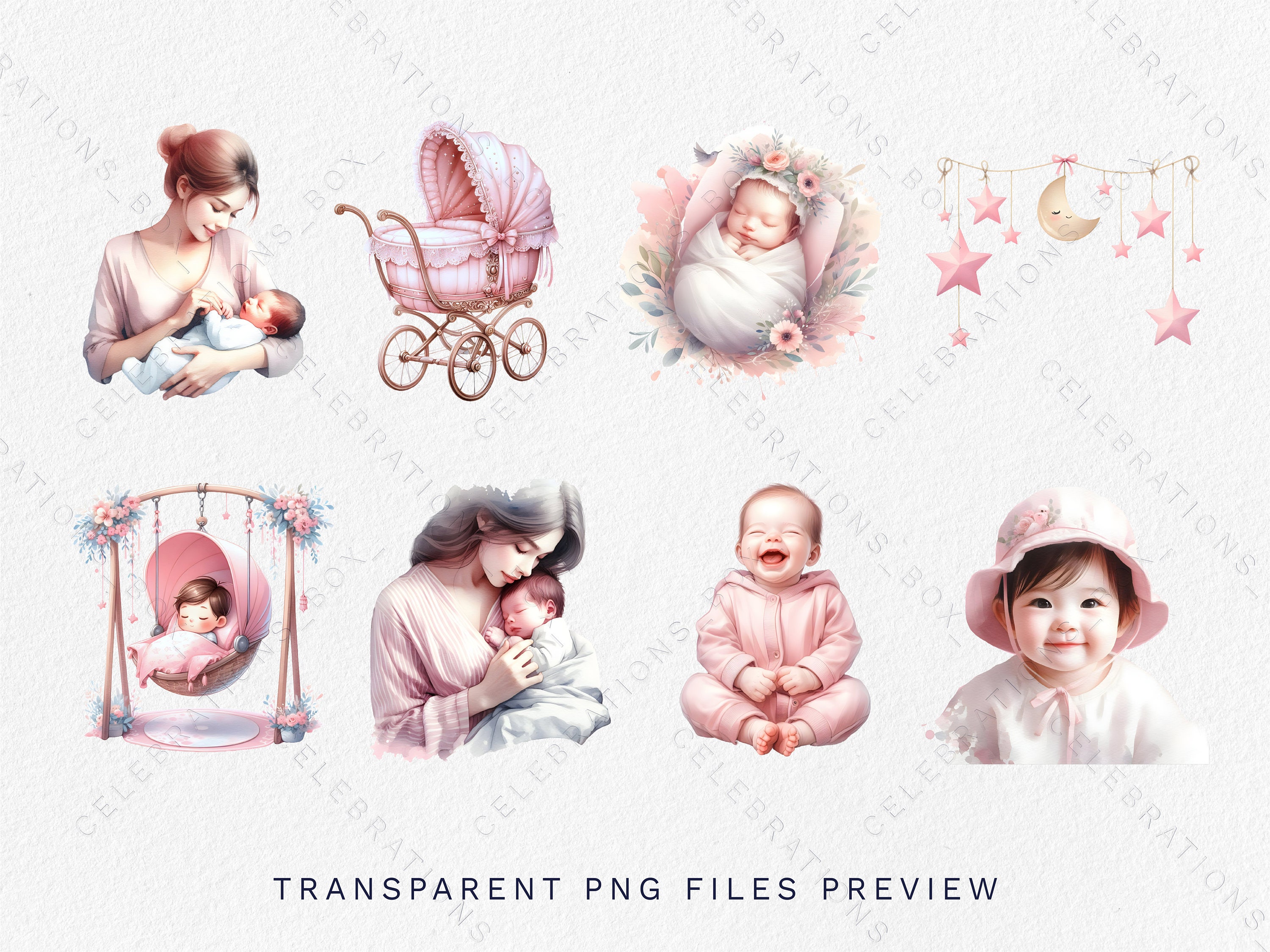 Pink Baby Shower Clipart Watercolor Newborn Gender Reveal Clipart ...