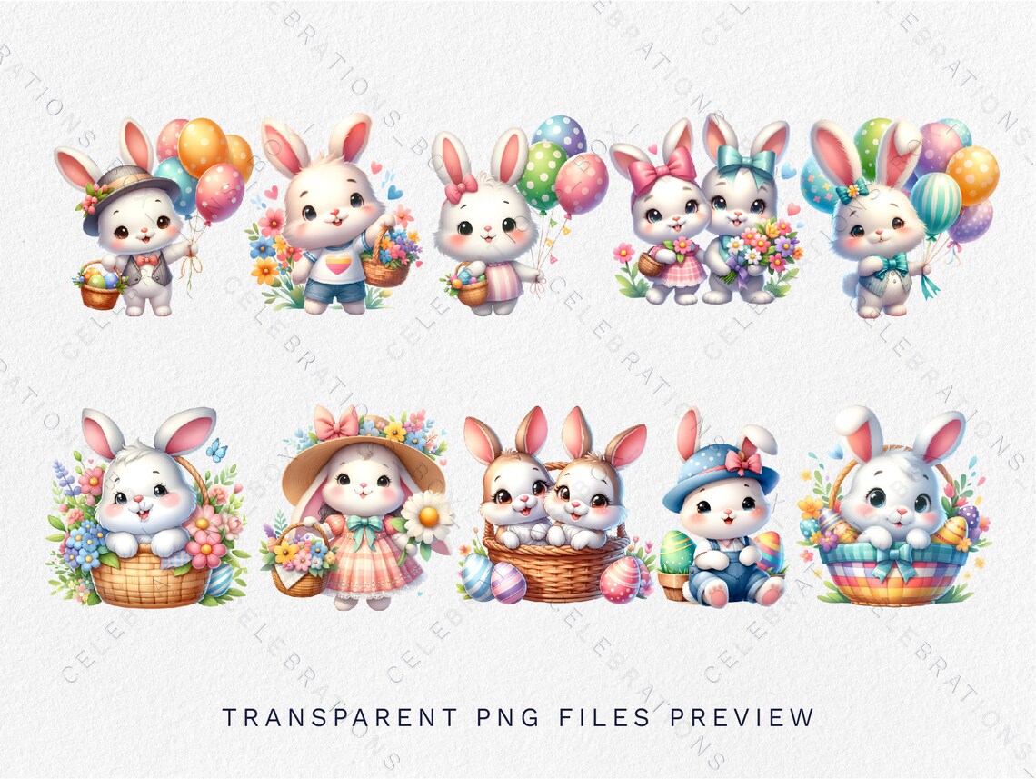 Cute Easter Bunny Clipart Bundle Watercolor Spring Rabbit Graphic ...