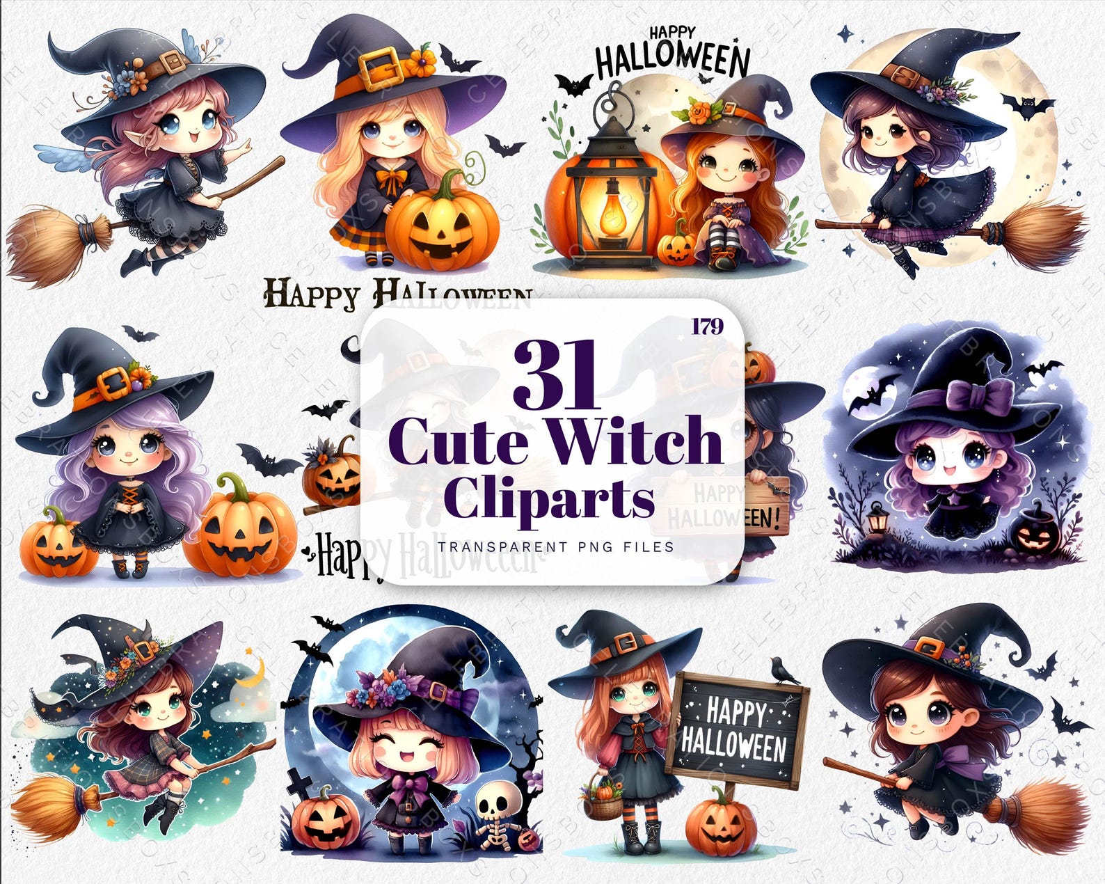 Halloween Witch Clipart, Cute Witch Clipart, Spooky Season PNG, Pumpkin ...