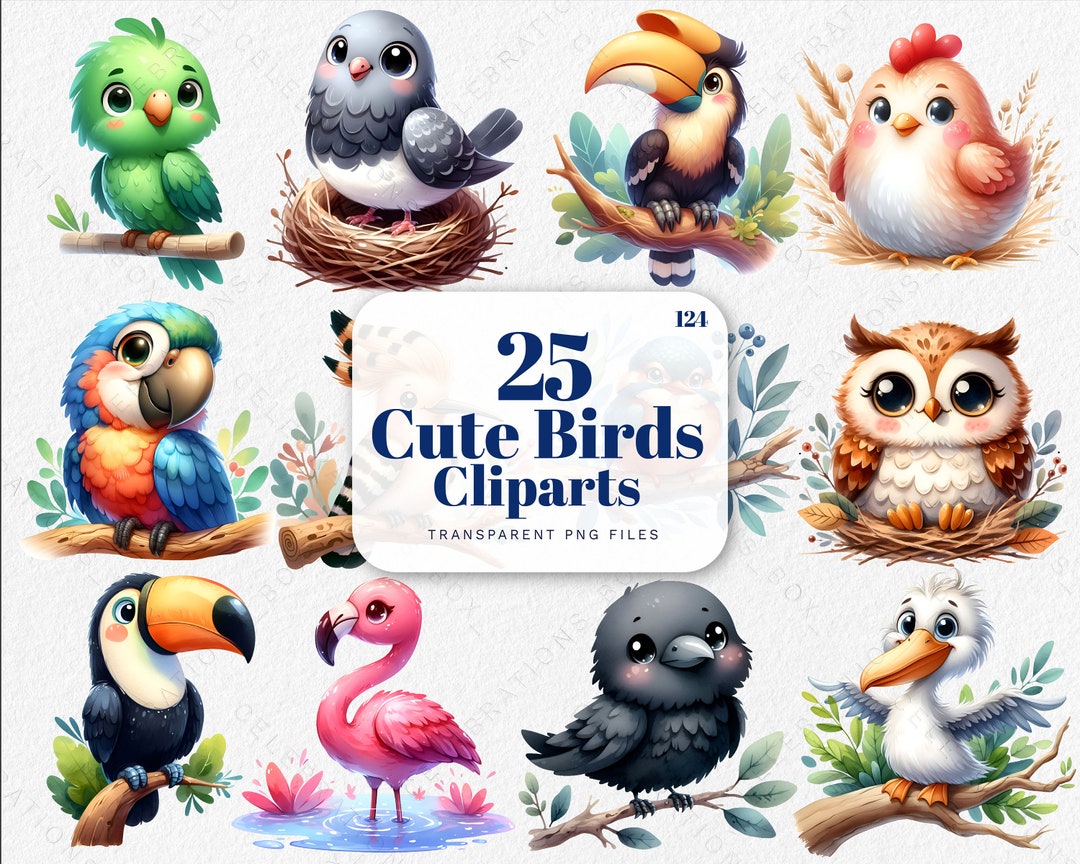 Cute Birds Clipart, Adorable Cute Bird Clipart Bundle, Jungle Birds on ...