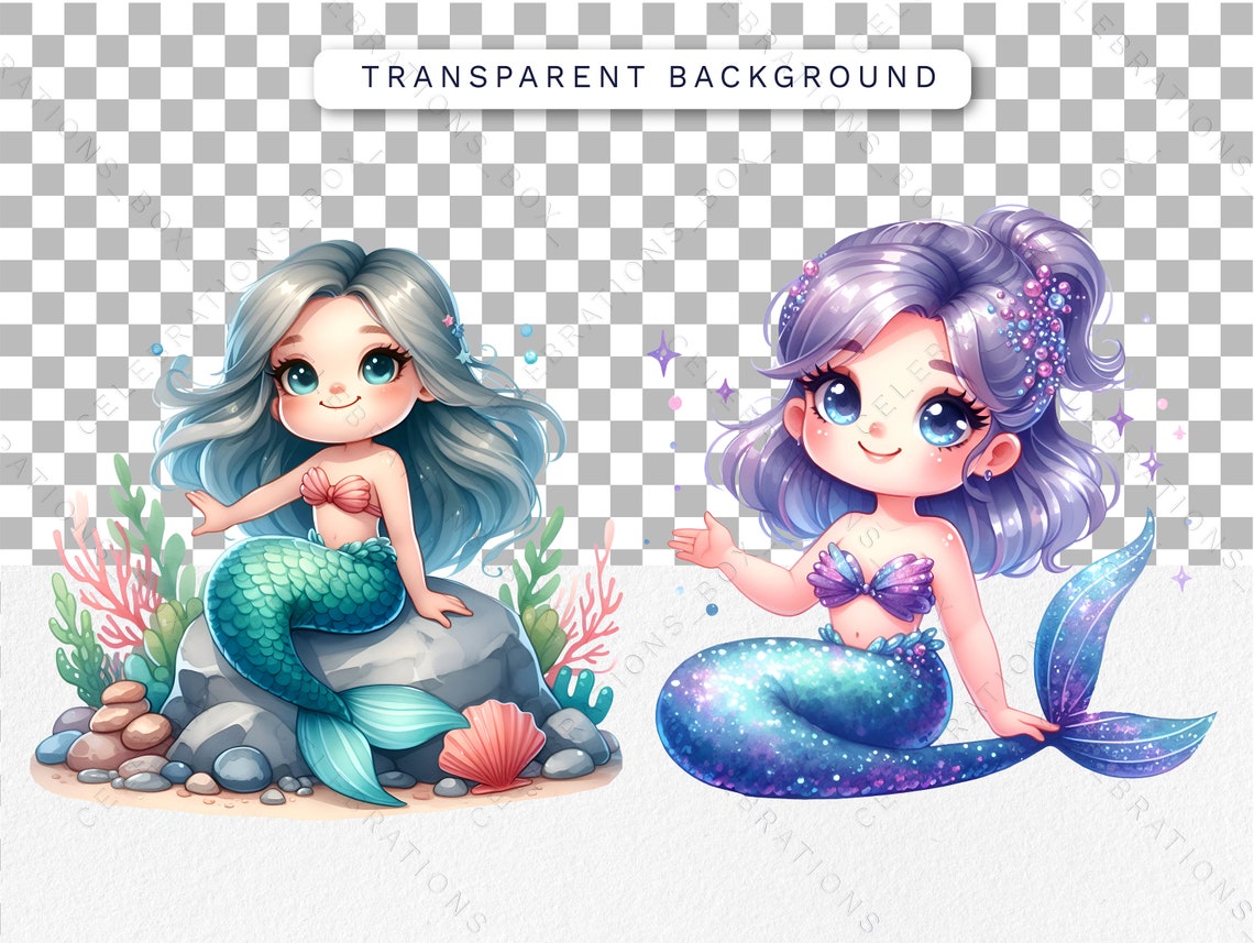 Watercolor Mermaid Clipart Bundle Mermaid Tail in Underwater Sea ...