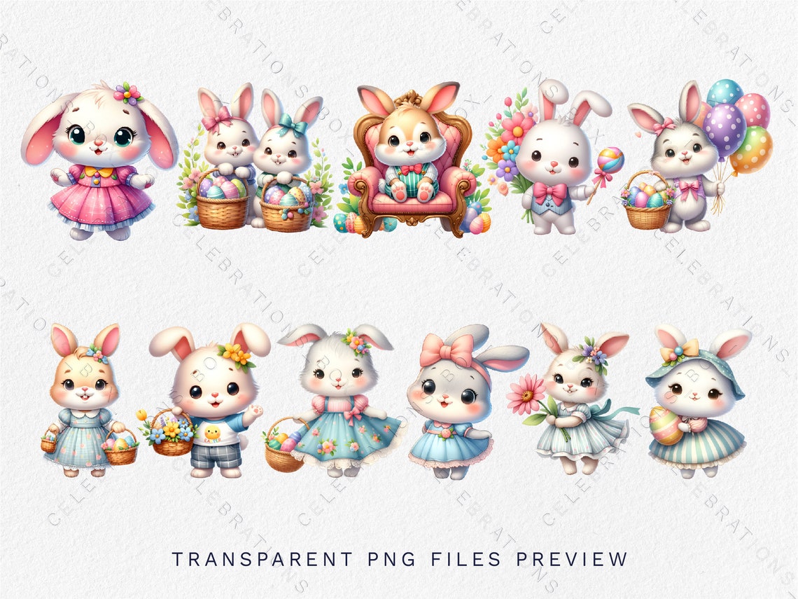 Cute Easter Bunny Clipart Bundle Watercolor Spring Rabbit Graphic ...