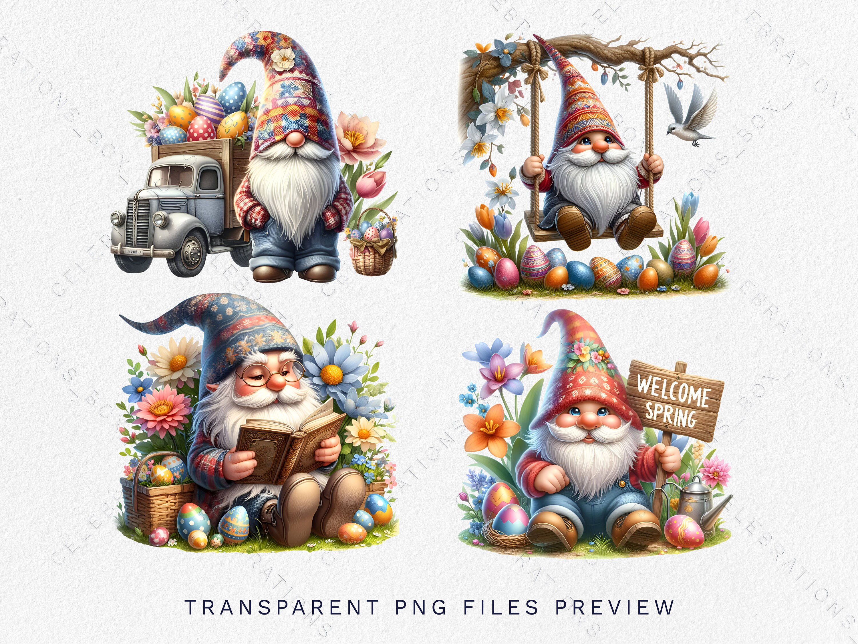 Watercolor Easter Gnome Clipart Spring Garden Gnome Eggs Chick Graphics ...