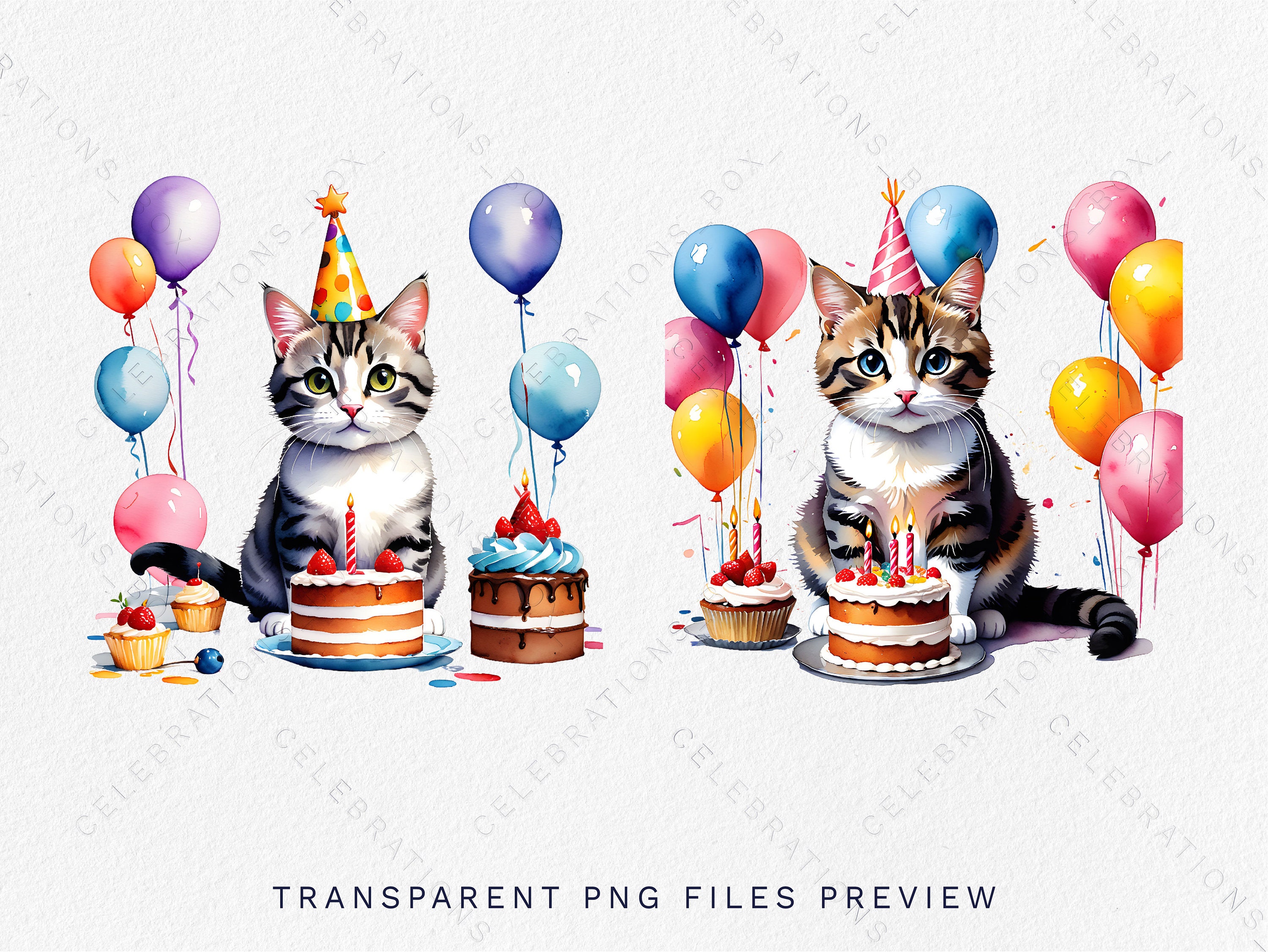 Watercolor Cat Birthday Clipart Graphics Bundle, Cute Kitten Cat ...