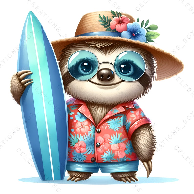 Summer Animals Clipart, Sloth Clipart, Summer Beach PNG, Ocean Graphics ...