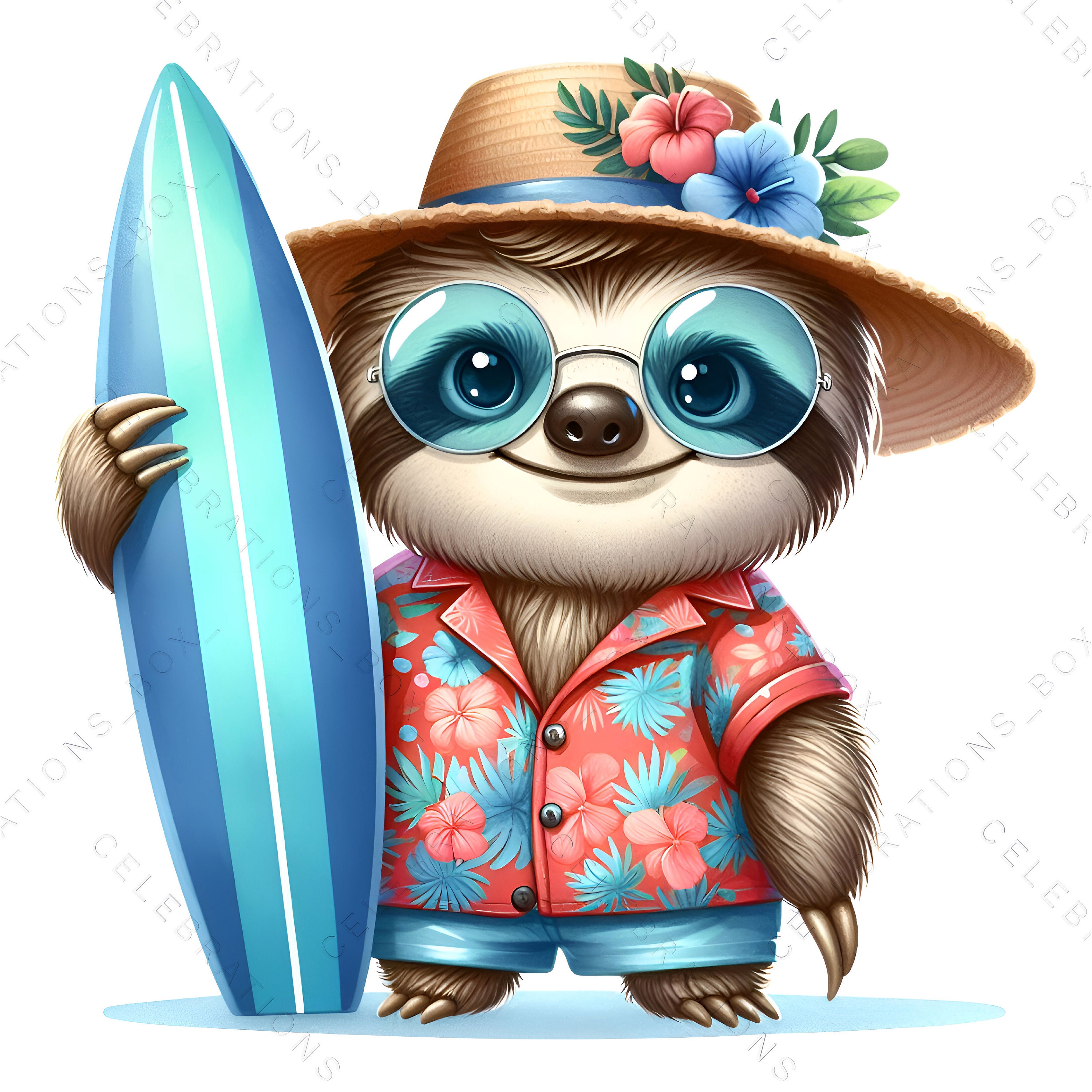 Summer Animals Clipart, Sloth Clipart, Summer Beach PNG, Ocean Graphics ...