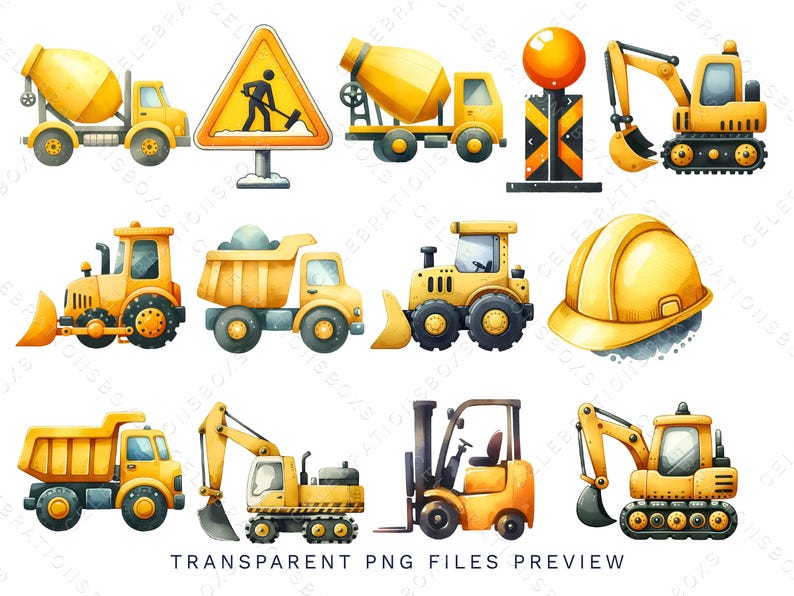 Watercolor Construction Clipart, Construction Vehicles Clipart, Crane ...