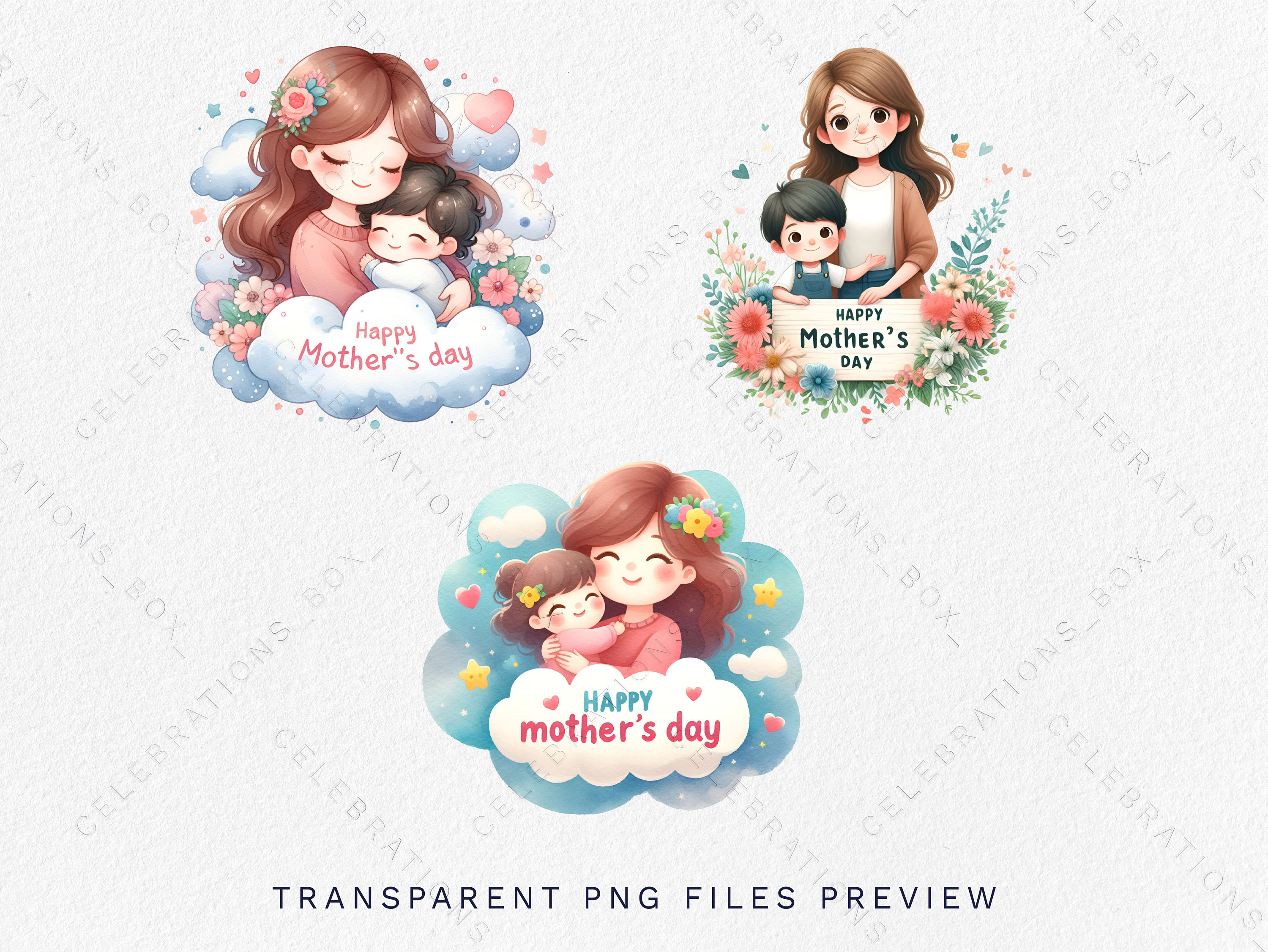 Watercolor Cute Happy Mother's Day Clipart Mom and Baby Graphics Love ...