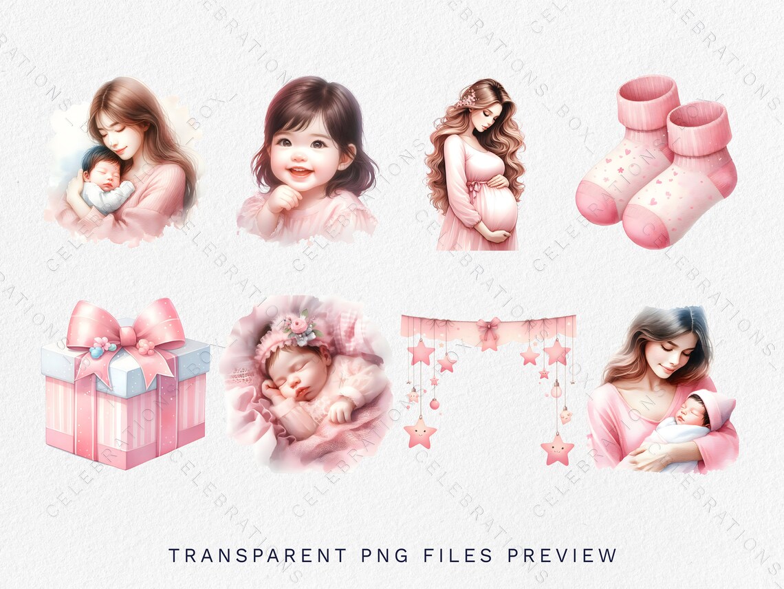 Its a Girl Babyshower Clipart Watercolor Pink Baby Shower PNG Newborn ...