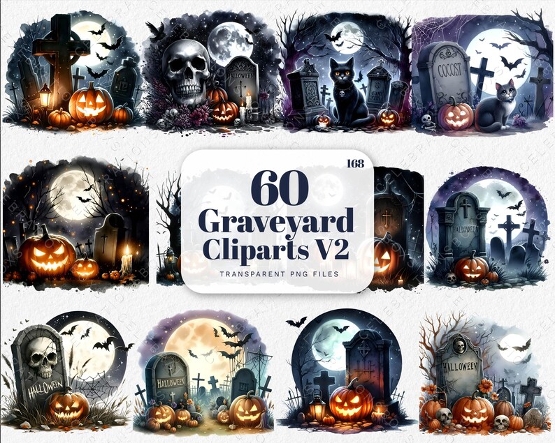 Halloween Graveyard Clipart, Watercolor Graveyard Clipart, Spooky ...