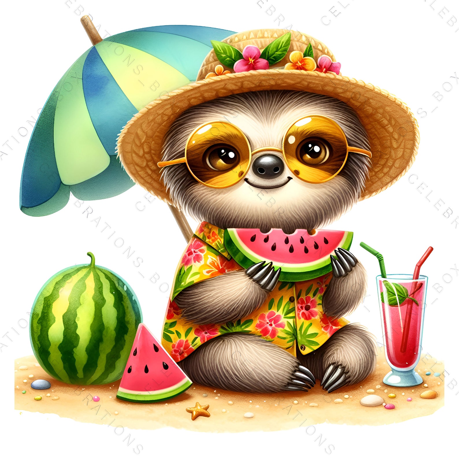 Summer Animals Clipart, Sloth Clipart, Summer Beach PNG, Ocean Graphics ...