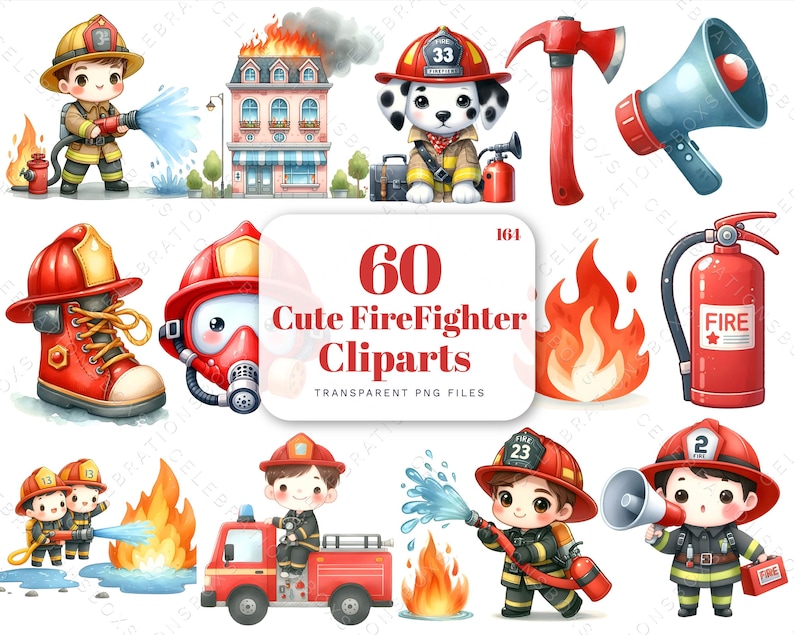 Cute Firefighter Clipart, Watercolor Firetruck Clipart, Helmet ...