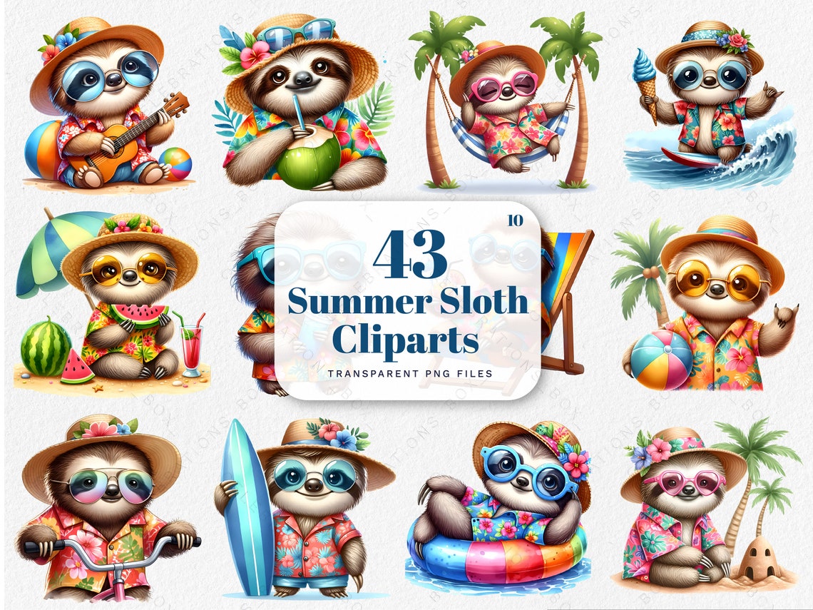 Summer Animals Clipart, Sloth Clipart, Summer Beach PNG, Ocean Graphics ...