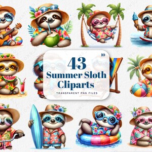 Summer Animals Clipart, Sloth Clipart, Summer Beach PNG, Ocean Graphics ...