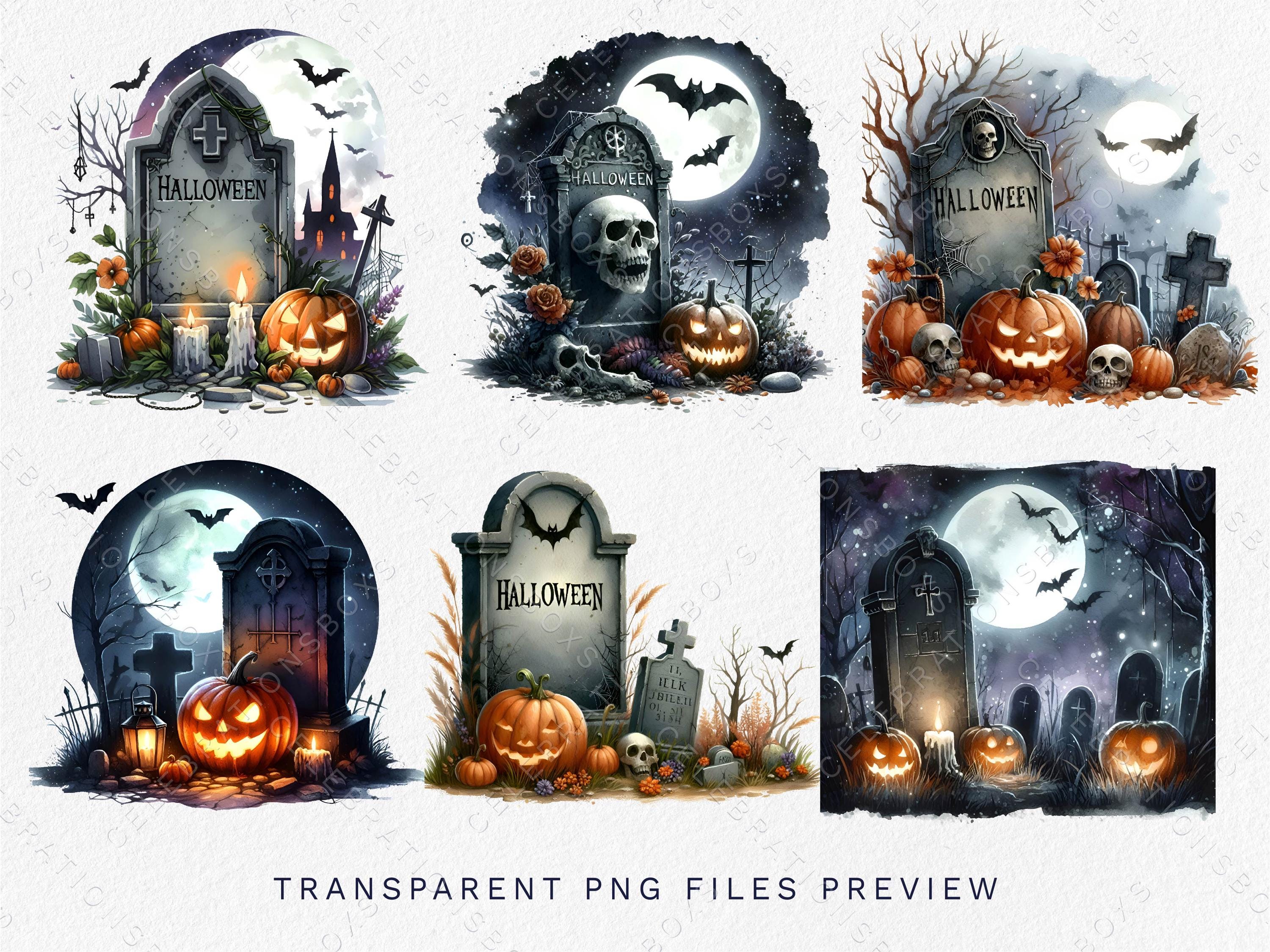 Halloween Graveyard Clipart, Watercolor Graveyard Clipart, Spooky ...