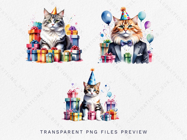Watercolor Cat Birthday Clipart Graphics Bundle, Cute Kitten Cat ...
