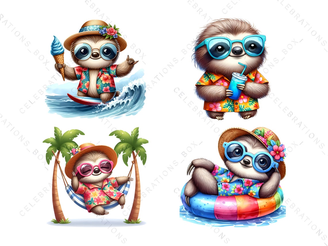 Summer Animals Clipart, Sloth Clipart, Summer Beach PNG, Ocean Graphics ...