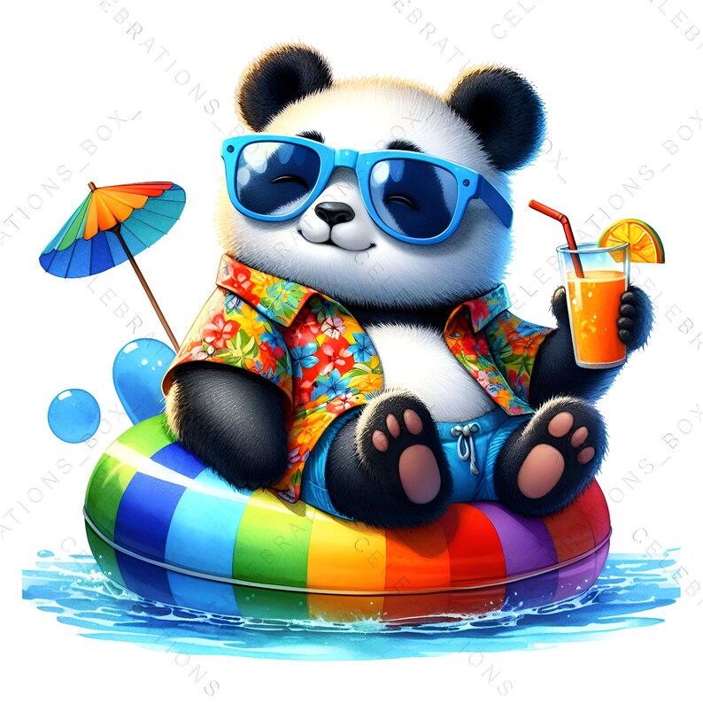 Watercolor Summer Animals Clipart, Panda Clipart, Summer Beach PNG ...