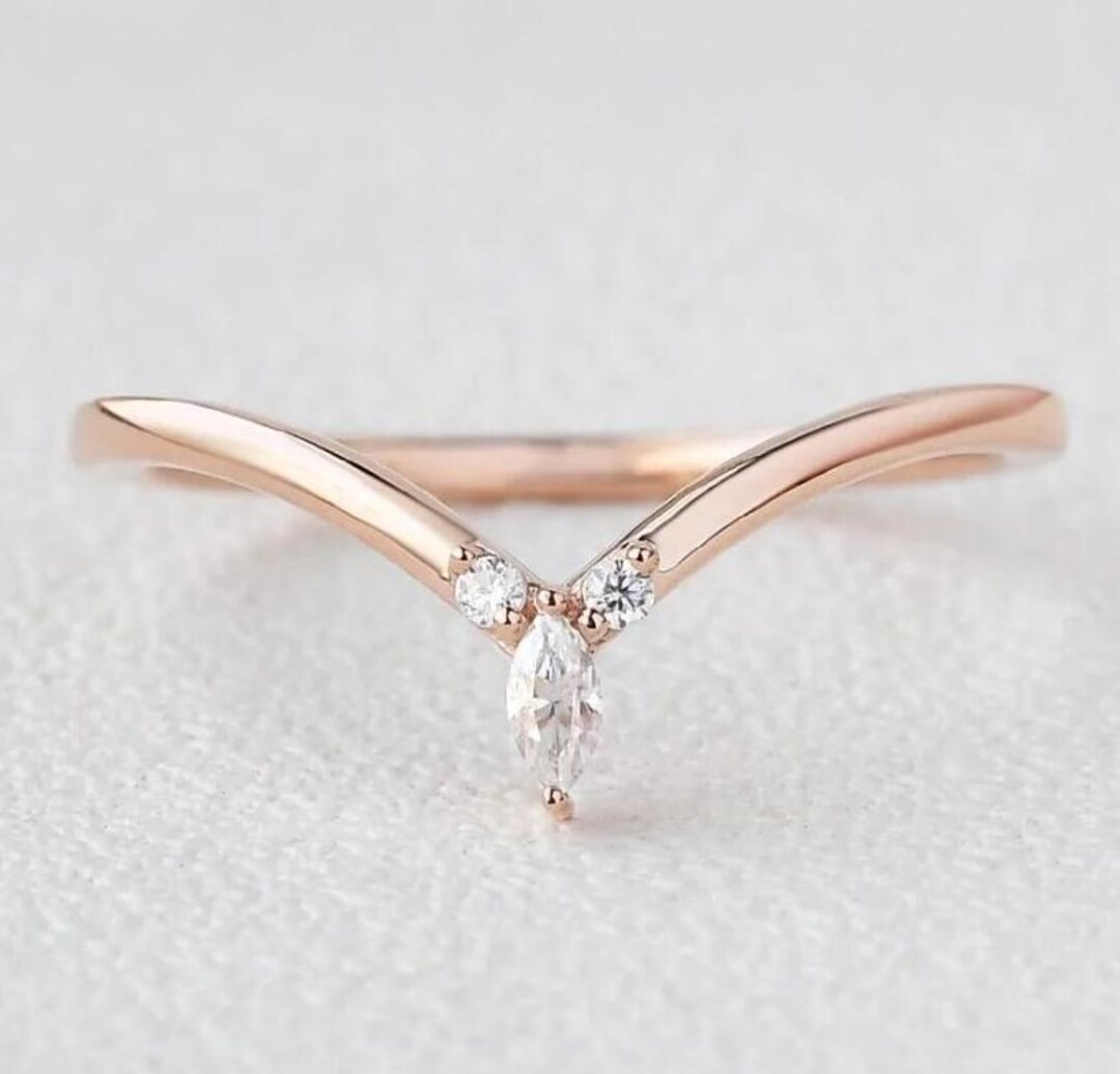 14k Solid Gold Royal Curve Ring Curved Wedding Band Ring Women V Shaped ...