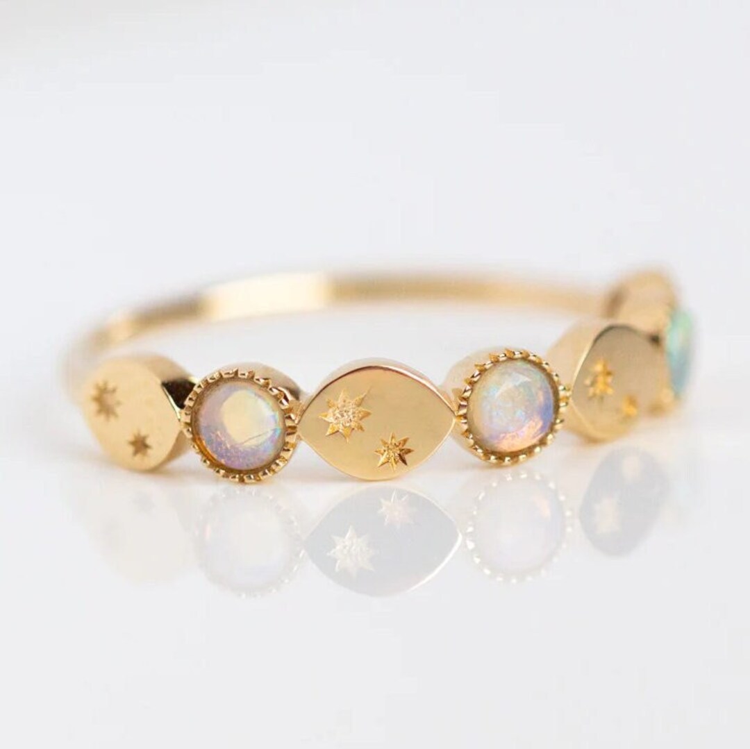 Solid Gold Opal Star Ring: Milgrain Celestial Band - Etsy