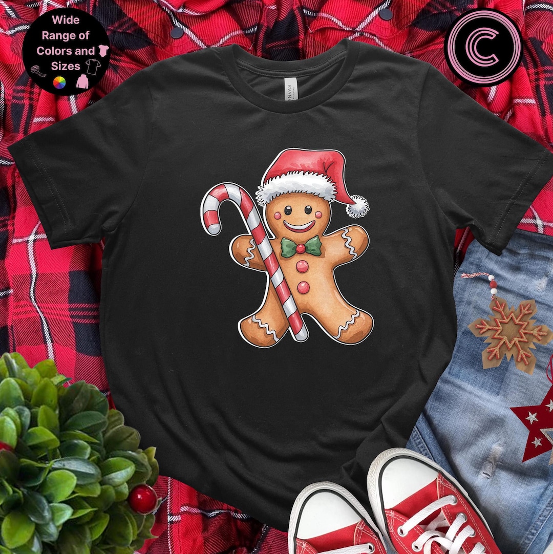 Christmas Gingerbread Man T-shirt, Holiday Candy Cane Tee, Festive ...