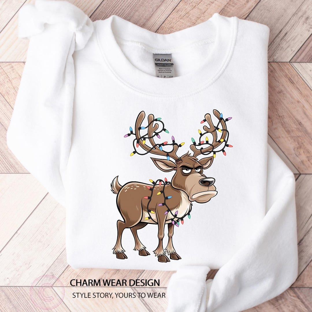 Funny Grumpy Reindeer Christmas Lights Holiday Sweatshirt, Festive ...