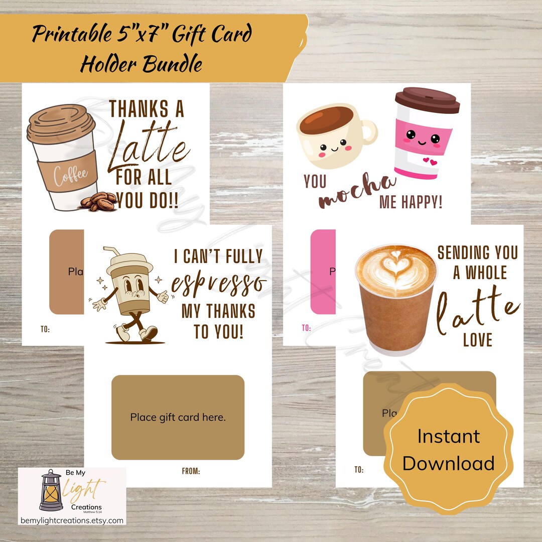 Appreciation Printable Gift Card Holder Bundle Thank You Gift Coffee ...