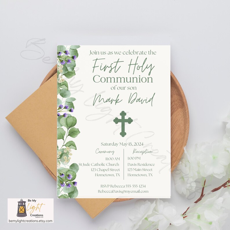 Editable First Holy Communion Invitation Watercolor Eucalyptus Leaves ...