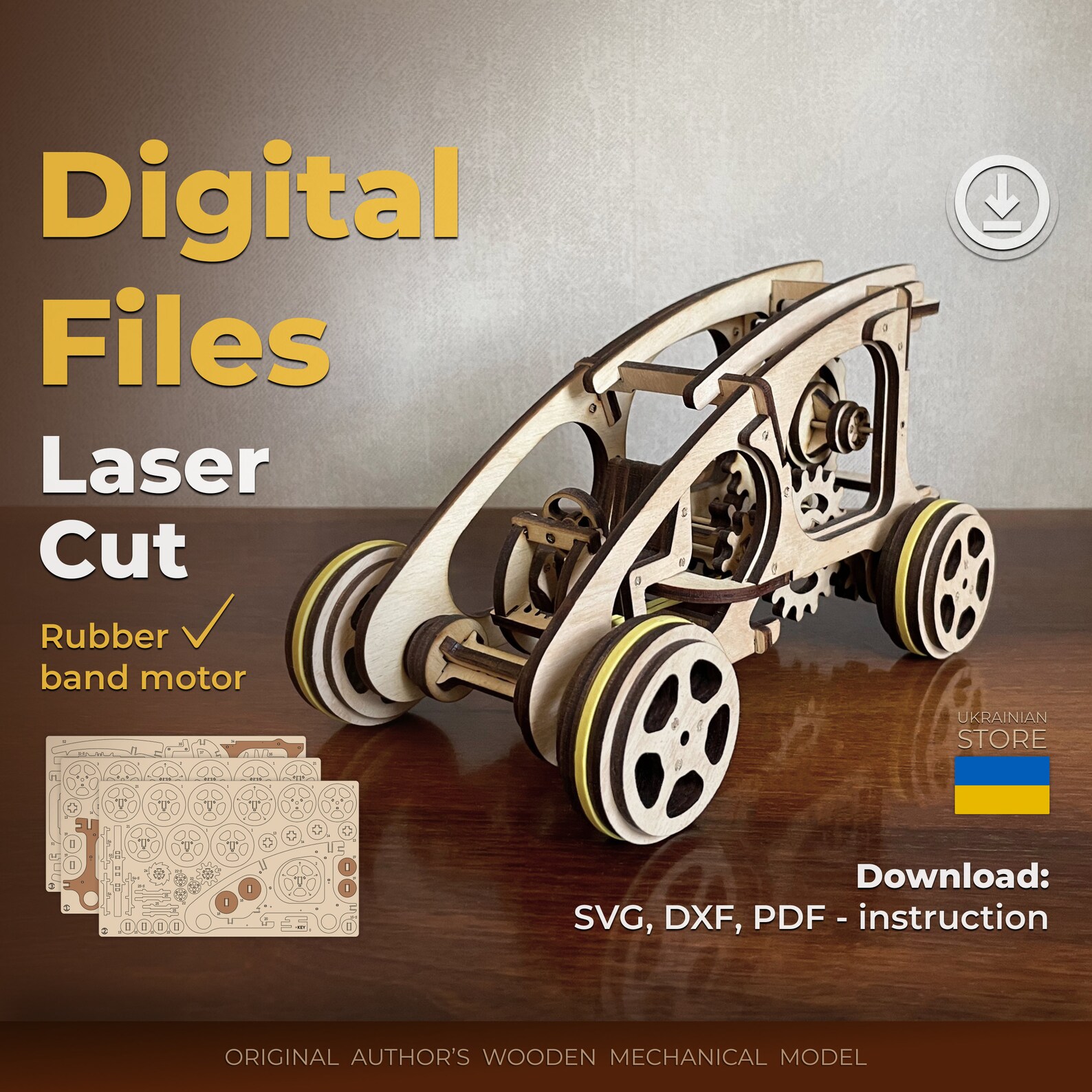 Buggy – SVG Laser Cut File, Wooden Mechanical Model, Plan for Cutting ...