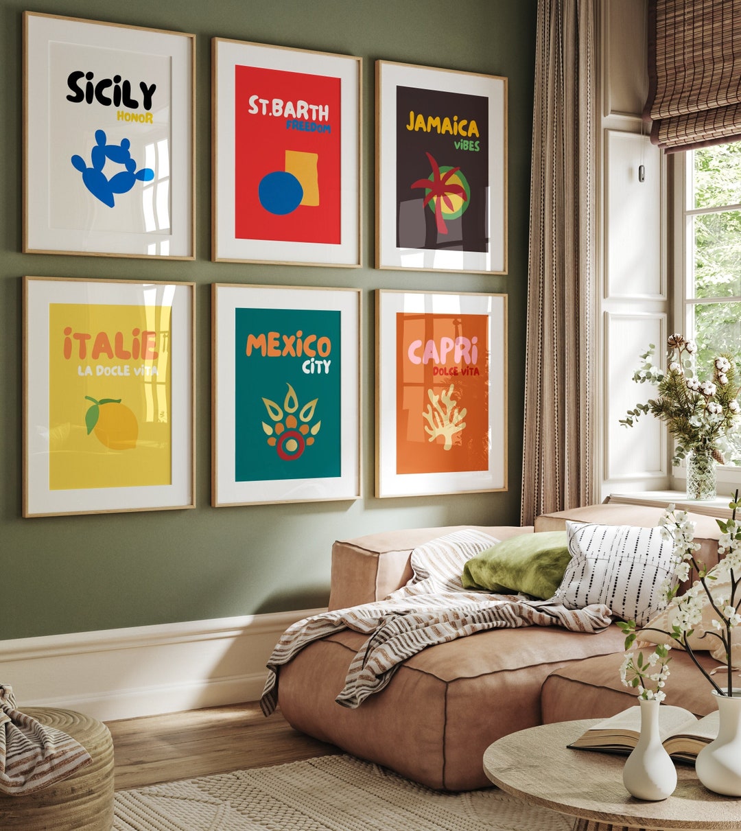 Set of 6 Prints Famous Travel Places Mexico, St Barts, Jamaica, Sicily ...