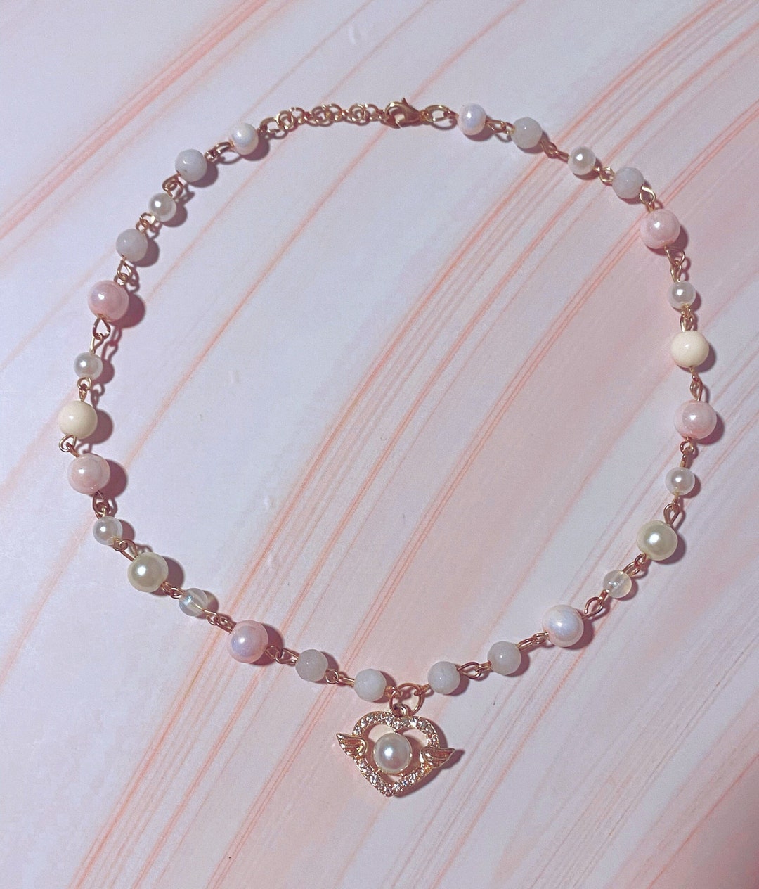 Pink Y2K Coquette Heart Necklace, Marble Glass Pearl Necklace, Gold ...