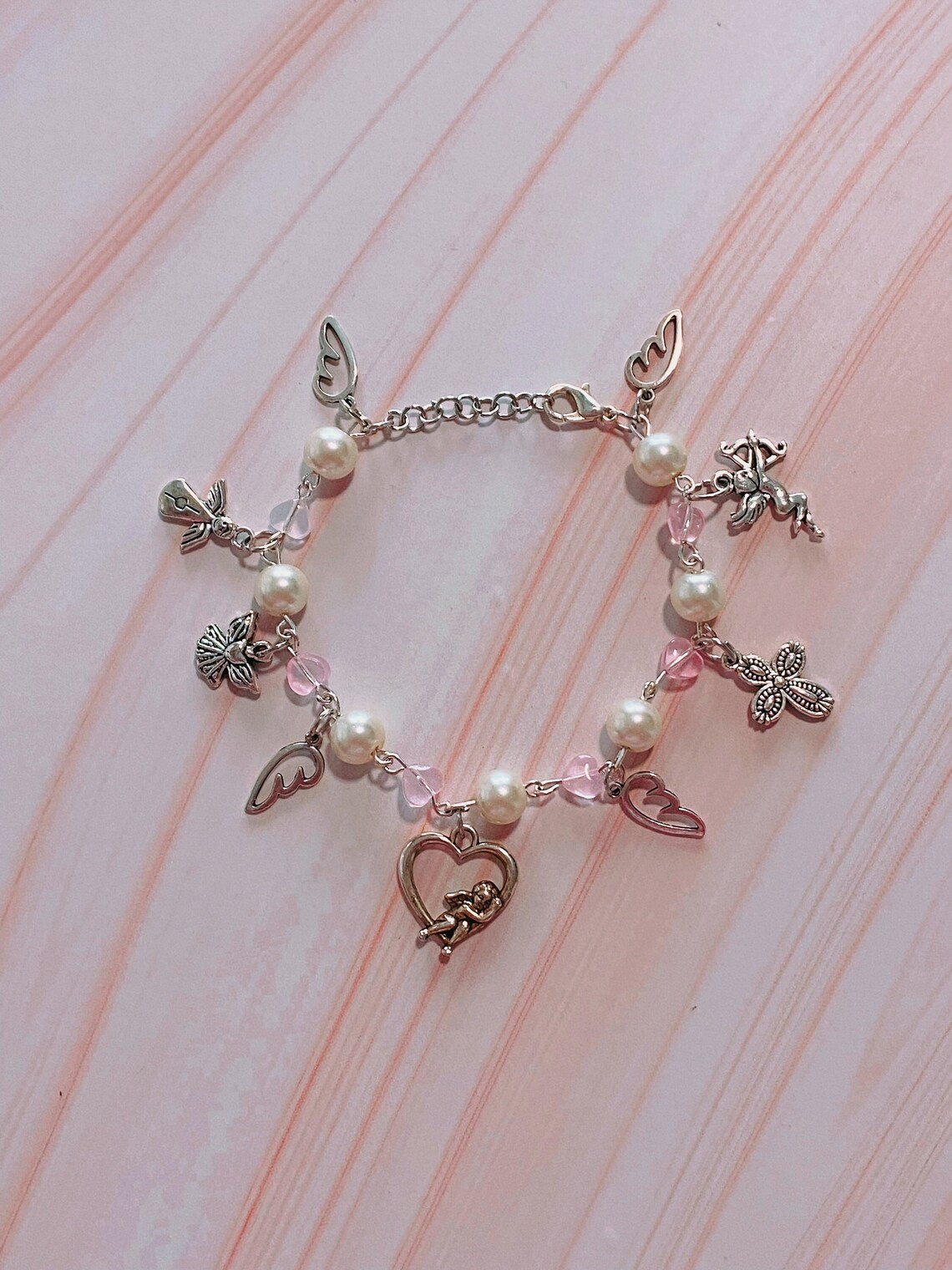 Pink Y2K Angel Cupid Charm Bracelet, Coquette Pearl Bracelet, Beaded ...