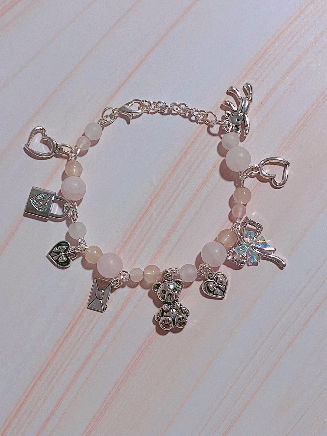 Y2K Teddy Bear Coquette Bows, Ribbons Charm Bracelets, Silver Chain ...