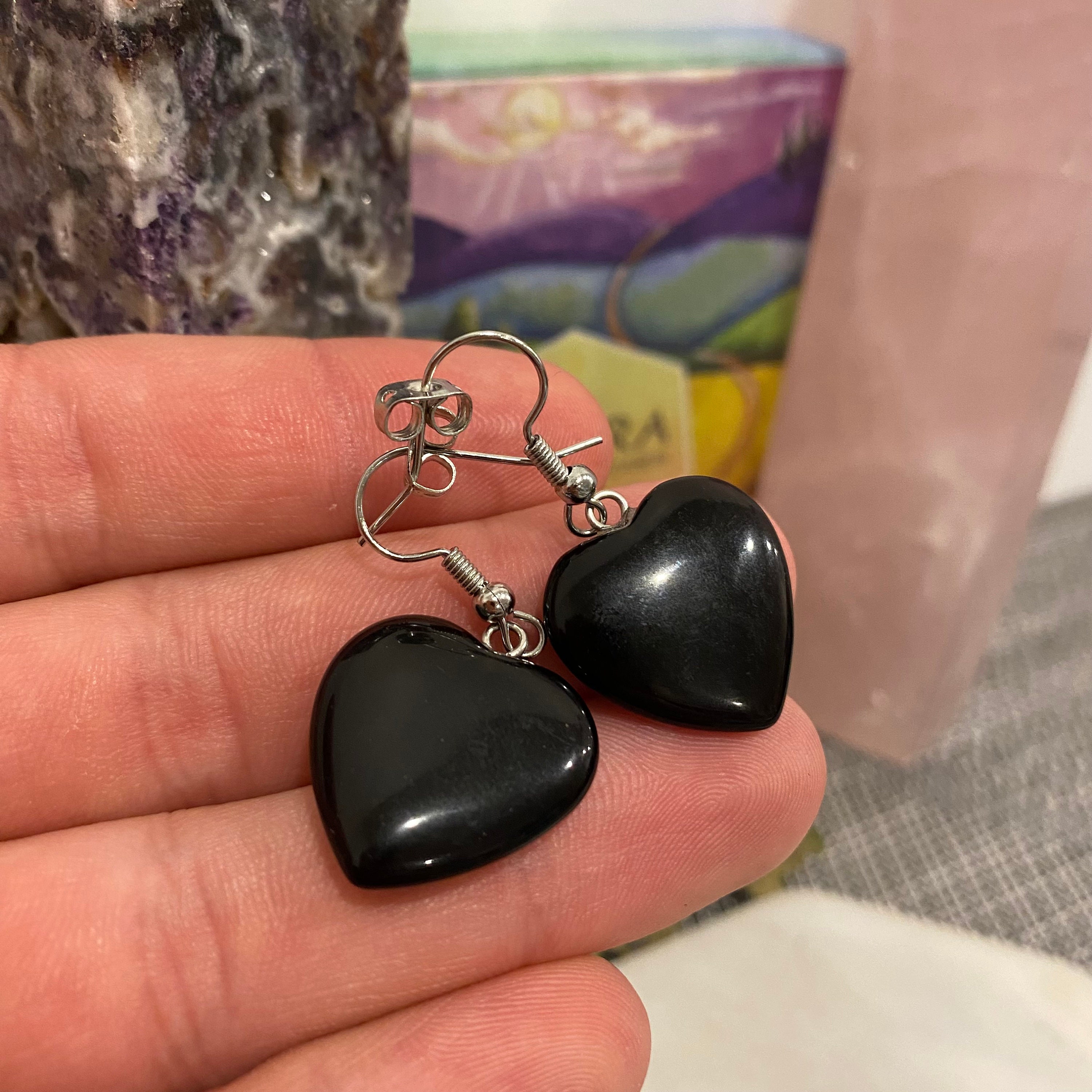 Black Onyx Heart Earrings, Natural Gemstone Jewelry, Dainty Onyx ...
