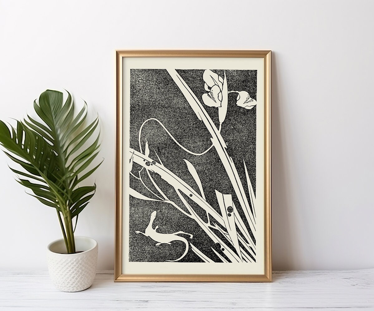 Vintage Japanese Art Print Lizard Flowers Grass Woodblock 19B - Etsy