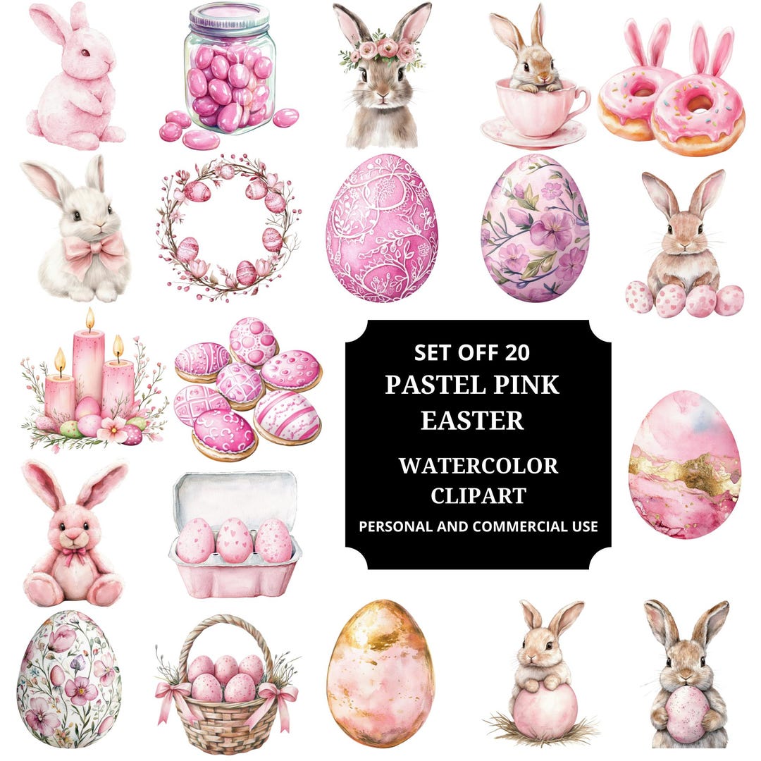 Pastel Pink Easter Clipart Bundle: Watercolor Bunnies, Rabbits and Eggs ...