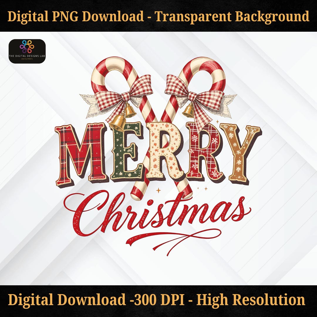 Merry Christmas Crossed Candy Canes PNG, Plaid Bow Holiday Sublimation ...